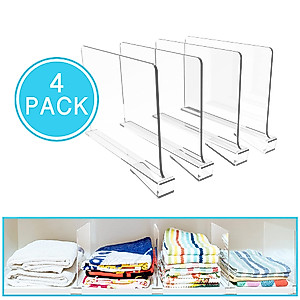 SABREZZI HOME Set of 4 Clear Acrylic Shelf Dividers - Maximize Your Closet Space with Ease - Ideal for Clothes, Sweaters, Purses, and More - Transparent Design Enhances Any Closet or Long Shelf