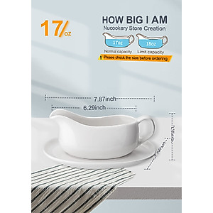 Nucookery Large 17 Oz Gravy Boat and Tray | Ergonomic Handle | White Fine Porcelain Saucier With Big Dripless Lip Spout For Gravy, Warming Sauces, Salad Dressings, Milk | Microwave & Freezer Safe