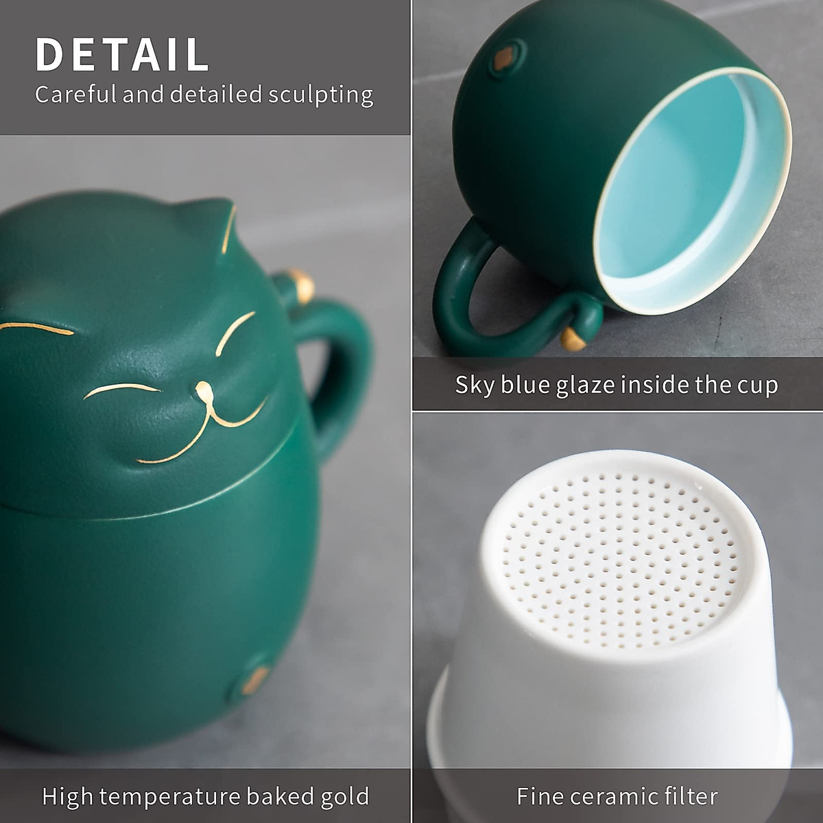 HEER Ceramic Tea Cup with Infuser and Lid, Cute Lucky Cat Coffee Mug Gift for Cat Lovers, Chinese Loose Leaf Tea Steeper. (Green)