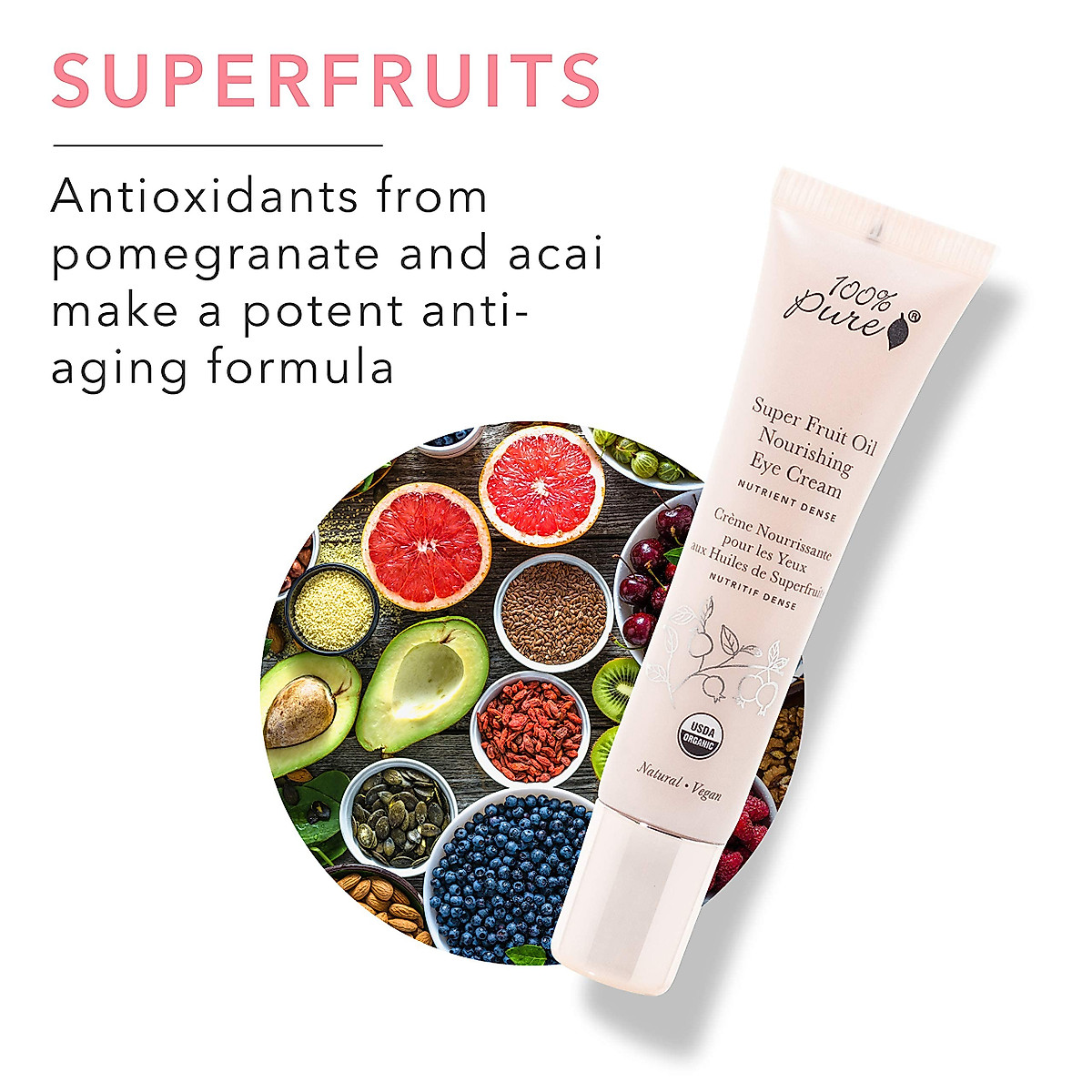 100% PURE Super Fruit Oil Nourishing Eye Cream, Organic, Anti-Aging Under Eye Cream, Natural Eye Cream for Puffiness, Fine Lines, 0.5 Fl Oz