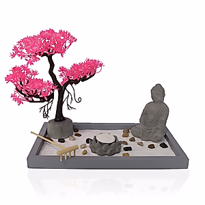 Japanese Zen Garden Lotus Candle Holder - Mini Pink Bonsai Garden with Buddha Statue or Relaxation and Meditation - Perfect Home Desk Decor and Gift Set - Gray, 8.75" x 12.5" x 9"