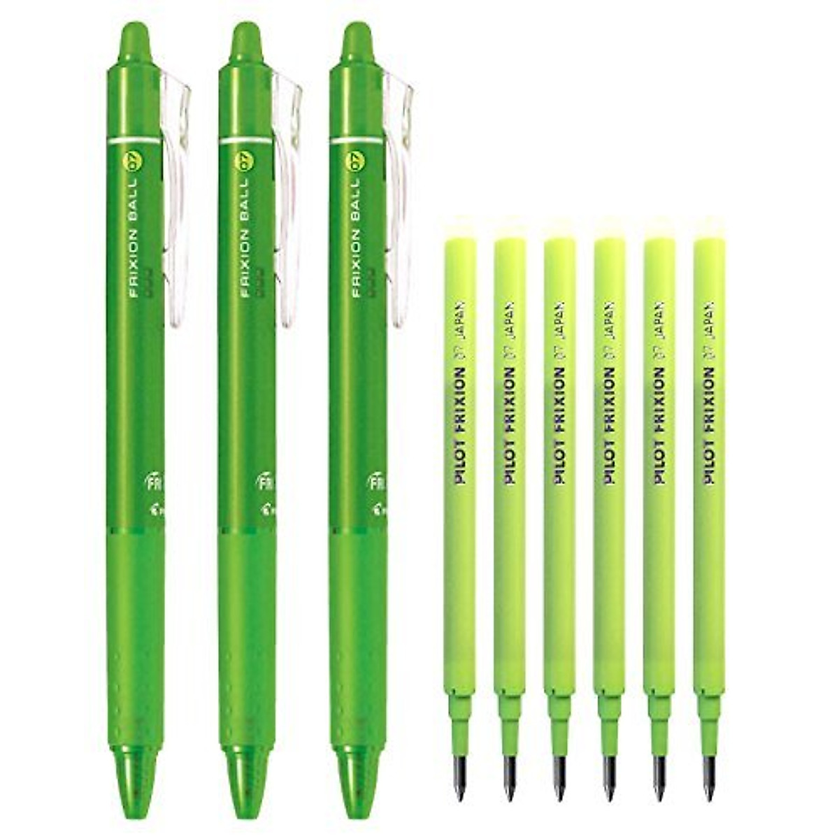 Pilot FriXion Ball Knock Retractable Erasable Gel Ink Pens, Extra Fine Point 0.7mm, Light Green Ink, 3 Pens & 6 Refills Value Set