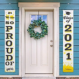 Class of 2021 Graduation Banners, Hanging Flags Porch Sign, White and Black Graduation Banner Flags for Party Supplies, Graduation Party Decorations Supplies for Indoor Outdoor Home Door Décor