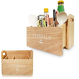 Yleric kitchen utensil organizer for countertop,wooden utensil holder organizer-5 compartments with splints,The tableware rack is used for storing knives, forks, spoons and napkins. (natural)