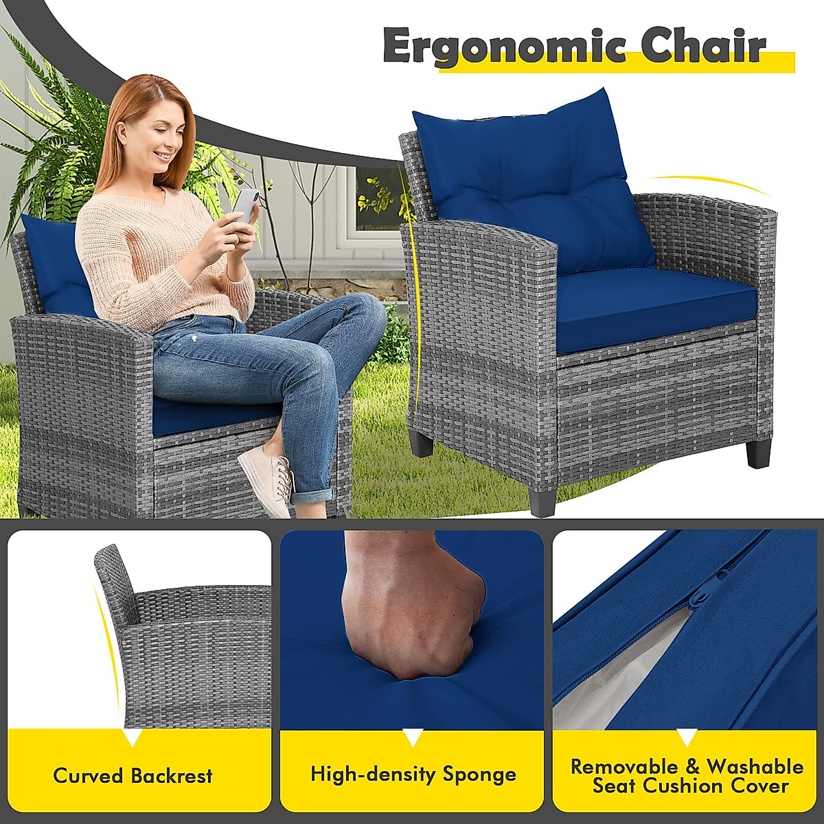 Tangkula 3 Pieces Patio Furniture Set, Outdoor PE Rattan Conversation Chair Set with Tempered Glass Side Table and Removable Cushions, PE Wicker Chairs and Table Set for Porch, Balcony and Garden