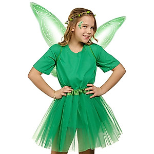 Funcredible Fairy Costume Accessories - Green Fairy Wings and Flower Crown, Glitter - Tooth Fairy Cosplay Outfit for Women and Girls