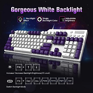Mechanical Gaming Keyboard Hot Swappable with Multi Monochromatic Backlight 104Key Anti-ghosting Ergonomic Metal Plate Multimedia Key USB Wired for PC Mac Gamer Office Typist(Purple White/Blue Switch)