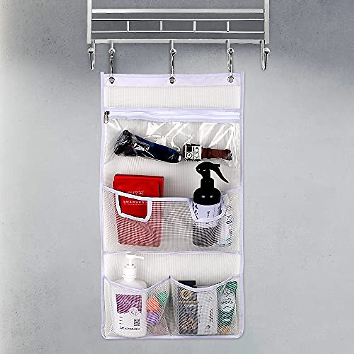 Dearjana Mesh Shower Caddy with Touch-sensative Pocket, Bathroom Hanging Mesh Bath Organizer Shower Curtains Rod Hanging Caddies with 3 Rings, Bathroom Accessories Organization, Space Saving(White)