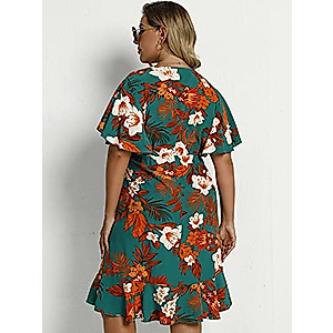 Floerns Women's Plus Size Striped Print Wrap V Neck Short Sleeve A Line Dress Green Multi 1XL