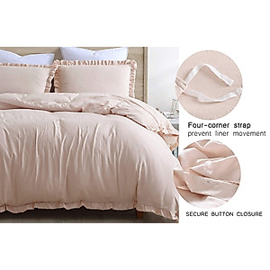 Chezmoi Collection Nora 3-Piece Ruffled Edge Trim Duvet Cover Set - Hypoallergenic Soft Washed Microfiber Comforter Cover with Button Closure and Corner Ties - King, Blush