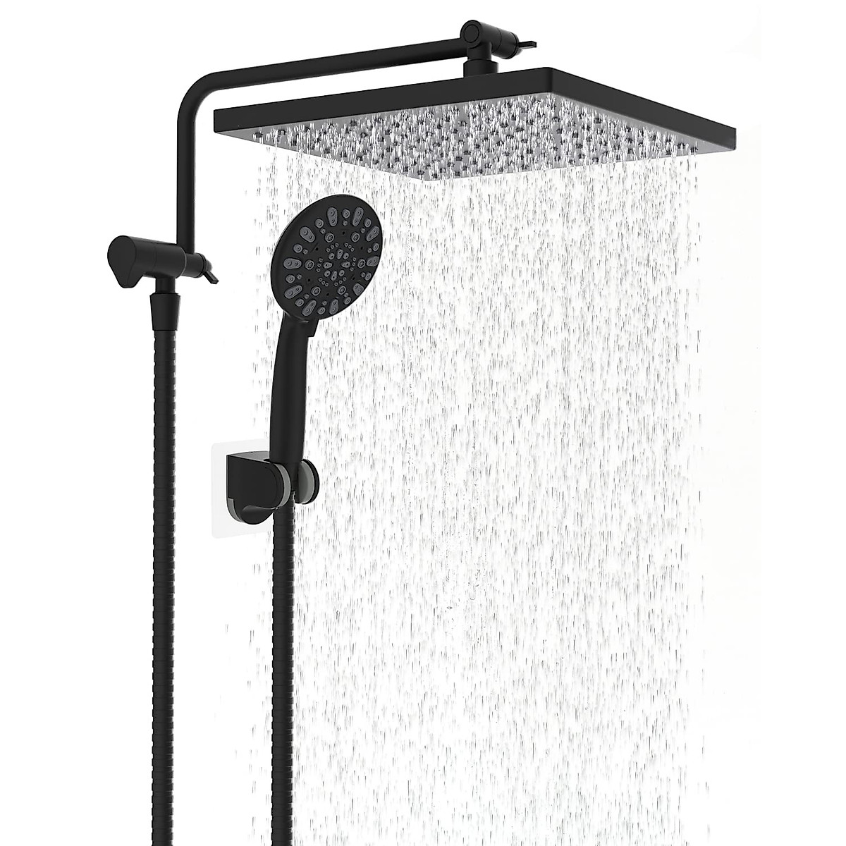 Hibbent Metal Shower Head, 10'' High Pressure Rainfall Shower Head/Handheld Showerhead Combo with 12'' Adjustable Shower Extension Arm, 7-Spray, 71'' Hose, Showerhead Holder, Matte Black