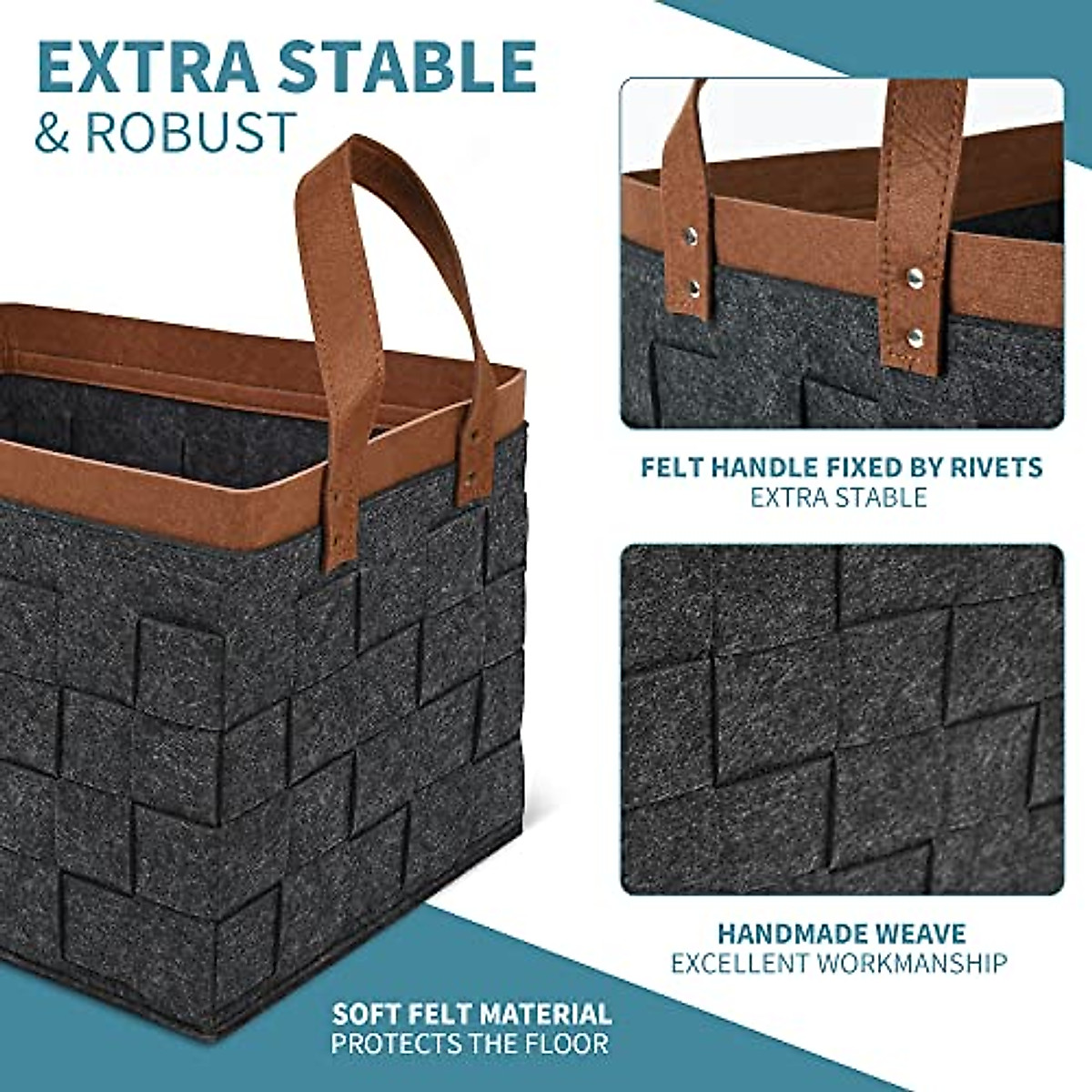 DAKCOS 2 Pack 32L Collapsible Felt Storage Basket,15.3"x11.8"x11.2" Felt Woven Basket with Felt Carry Handles for Toys,Towels,Clothes,Firewood etc.