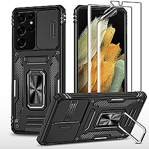 THMEIRA Samsung Galaxy S21 Ultra Case, Armor Phone Case for Samsung S21 Ultra with Screen Protector [Soft 2 Pcs] with Camera Cover, Galaxy S21 Ultra Magnetic Ring Case Anti-Fall Drop Protection, Black