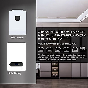 Y&H 10KW 48V Solar Hybrid Inverter Split-Phase 240V/Single-phase 120V Connection,200A MPPT Solar Charge,Pure sine Wave Output,BMS Activation,Peak Cutting and Valley Filling for Home Energy Storage