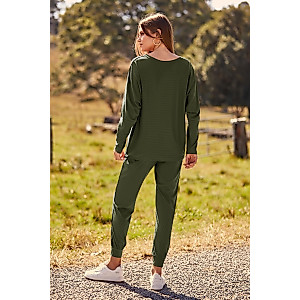 PRETTYGARDEN Women's Spring Fall Fashion Outfits 2 Piece Sweatsuit Long Sleeve Pullover Long Pants Ribbed Matching Lounge Set (Army Green,Large)