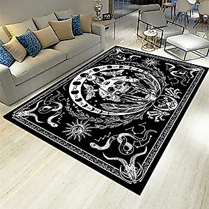 LGGQQW Skull Carpet Black and White Area Rug Snake Rug Moth Rug Trippy Skeleton Carpet Mandala Moon Phase Rug for Room Multicolor 63*90inch