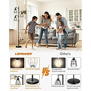 LEPOWER Tree Floor Lamp, Industrial Floor Lamps for Living Room with Multi Head, Dimmable Floor Lamp, LED Standing lamp Edison Bulbs, Pole Tall Lamp for Bedroom Office Black