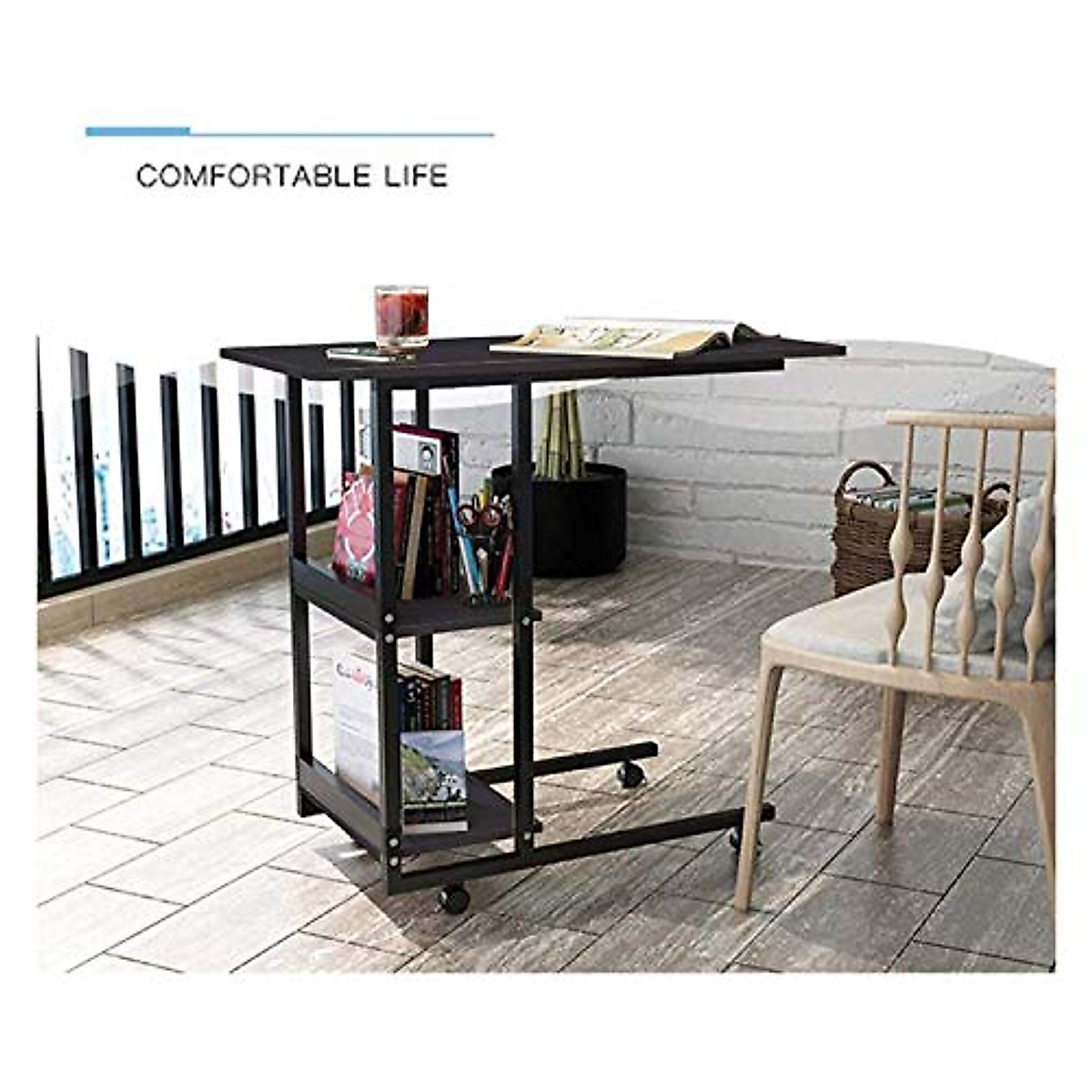 Desk Movable Office with Wheels Two Shelves Wood Sofa Side Table Slide | Black