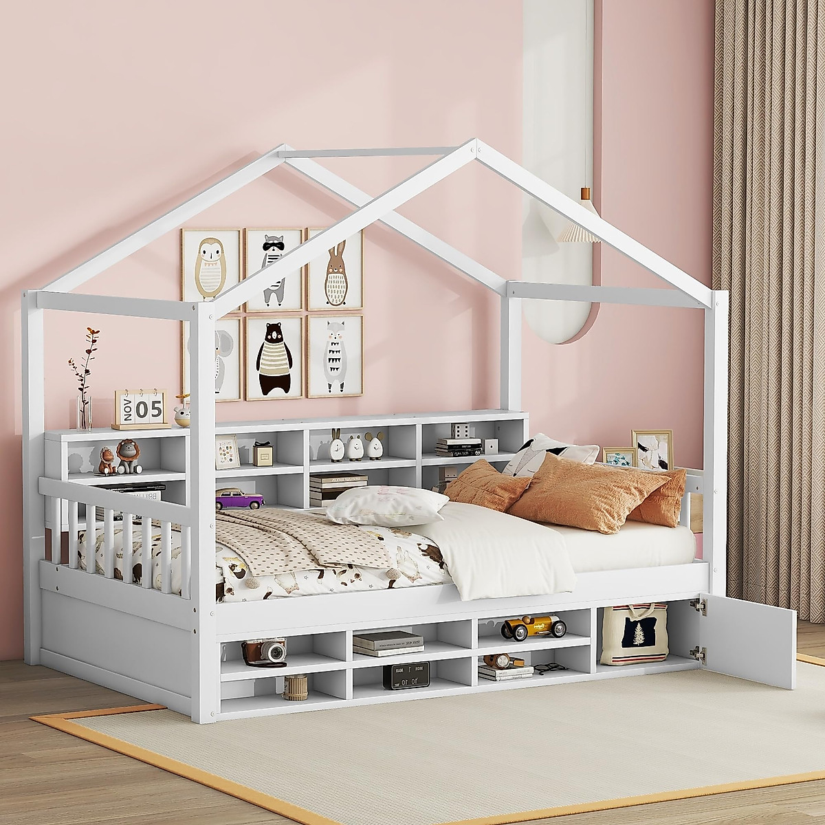 VilroCaz Twin Size House Bed with Shelves and a Mini-Cabinet, Wood Kids Platform Bed Frame with Sturdy Slats Support, Playhouse Design Daybed for Kids Teens Girls Boys (White-3tw)