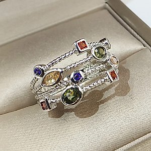SUKKCCNO S925 Silver Women's Multi-layer Winding Ring Color Zircon Cocktail Diamond Ring Fashion Versatile Engagement Wedding Ring Women's 10*