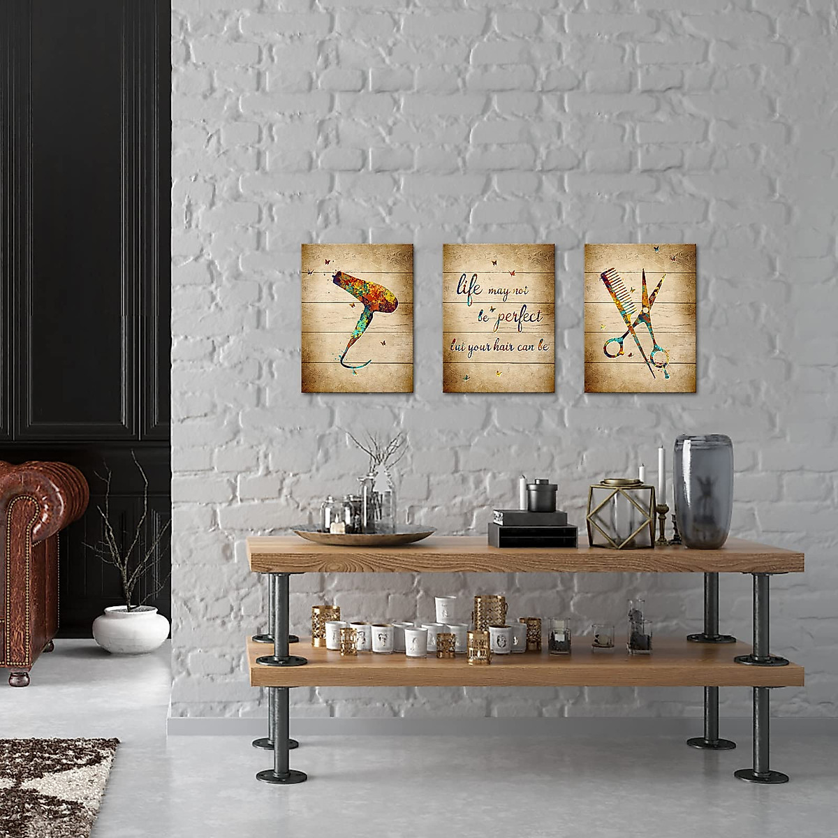 KREATIVE ARTS Canvas Set of 3 Ready to Hang Beauty Salon Canvas Wall Art Haircut Tools with Quotes Painting Fashion Pcitures for Hair Barbershop Hair Salon
