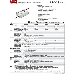 LED Driver 34.7W 33V 1050mA APC-35-1050 Meanwell AC-DC Switching Power Supply APC-35 Series Mean Well C.C Power Supply