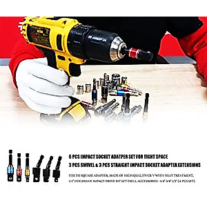 Uayeatye Drill Bit Holder Set-6 PCS Impact Socket Adapter Set 1/4” 3/8” 1/2” Hex Shank 3 Swivel Impact Driver Bit Set Socket Holder+3 Straight Drill Bit Extension Attachments, Drill Accessories-BCS6