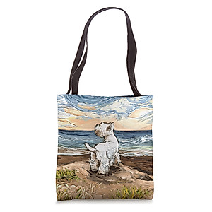 Westie at the Beach West Highland Terrier Dog Art by Aja Tote Bag