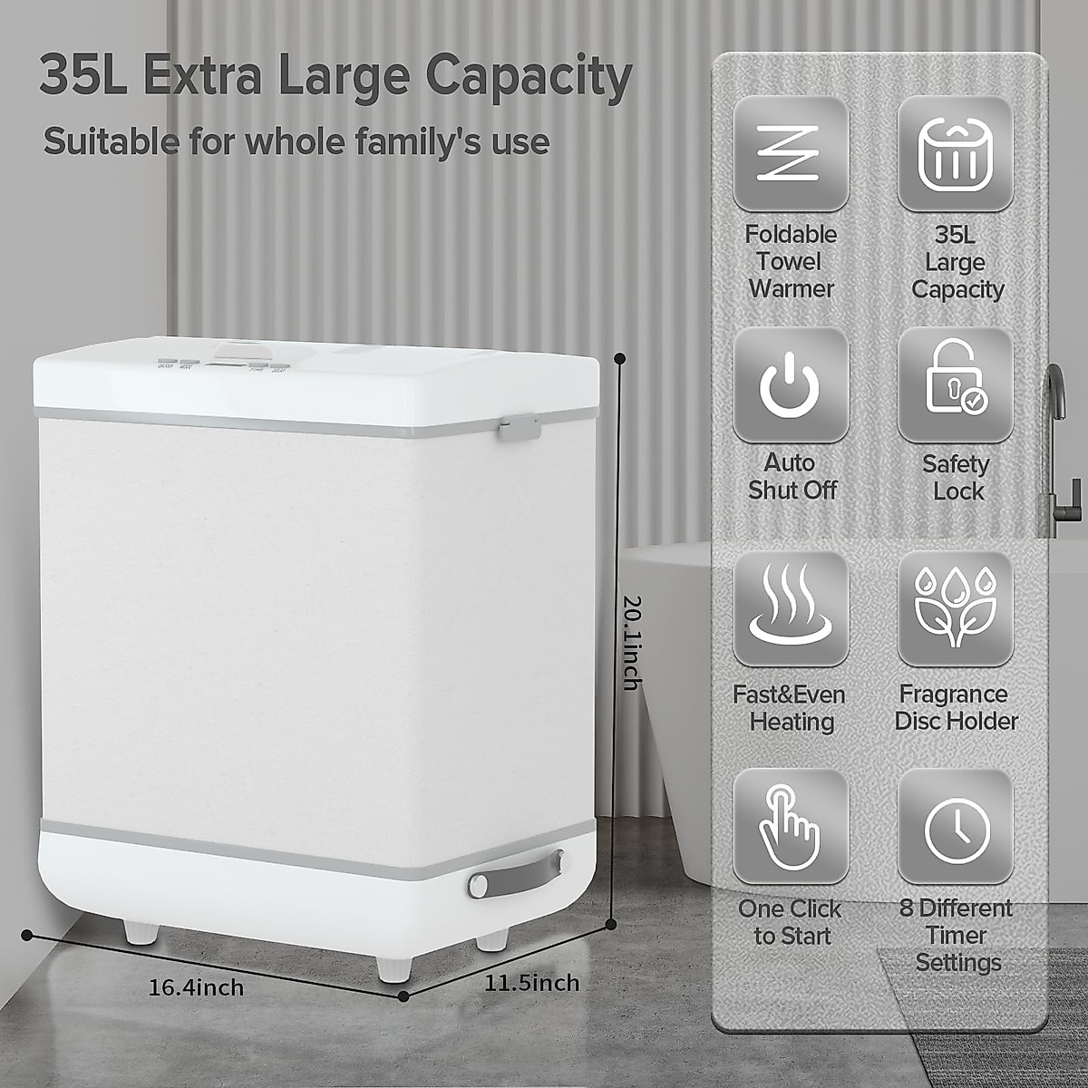 Floisdace Towel Warmers for Bathroom, 35L Foldable Hot Towel Warmer, Towel and Blanket Warmer Fits Oversized Towels, Large Bucket for Towels, Luxury Towel Warmer Spa for Home, Hotel, White