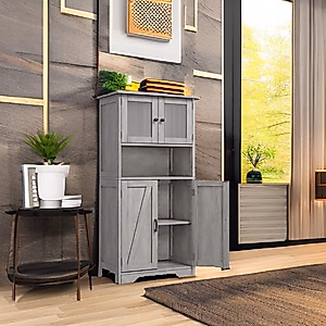 IDEALHOUSE Bathroom Storage Cabinet, Freestanding Floor Linen Storage Cabinet with Doors and Shelves, Wooden Kitchen Pantry Storage Cabinet, Standing Cupboard, Storage Cabinet for Living Room, Greige
