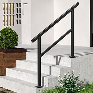 SPACEEUP Stair Handrail,44X34.8" Handrails for Outdoor Steps Fit 0 to 4 Steps Transitional Handrail with Installation Kit Handrail for Stairs Outdoor Aluminum and iron Stair Railing,Matte Black