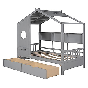 Twin Size House Bed with Storage Drawers and Shelves, Wood Montessori House Bed Frame, Kids Playhouse Tent Bed for Girls Boys, Gray