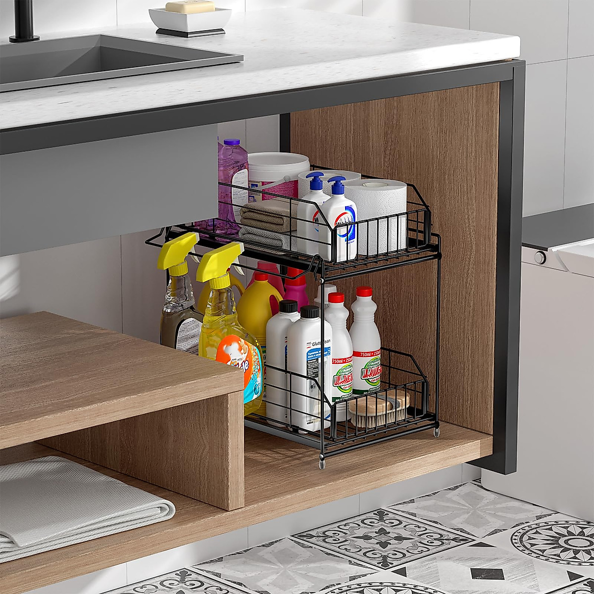 SUEH DESIGN Under Sink Organizers and Storage, Large Capacity Under Cabinet Storage 2 Tier Pull Out Kitchen Cabinet Organizer with Hanging Rail for Bathroom Kitchen Storage Shelf