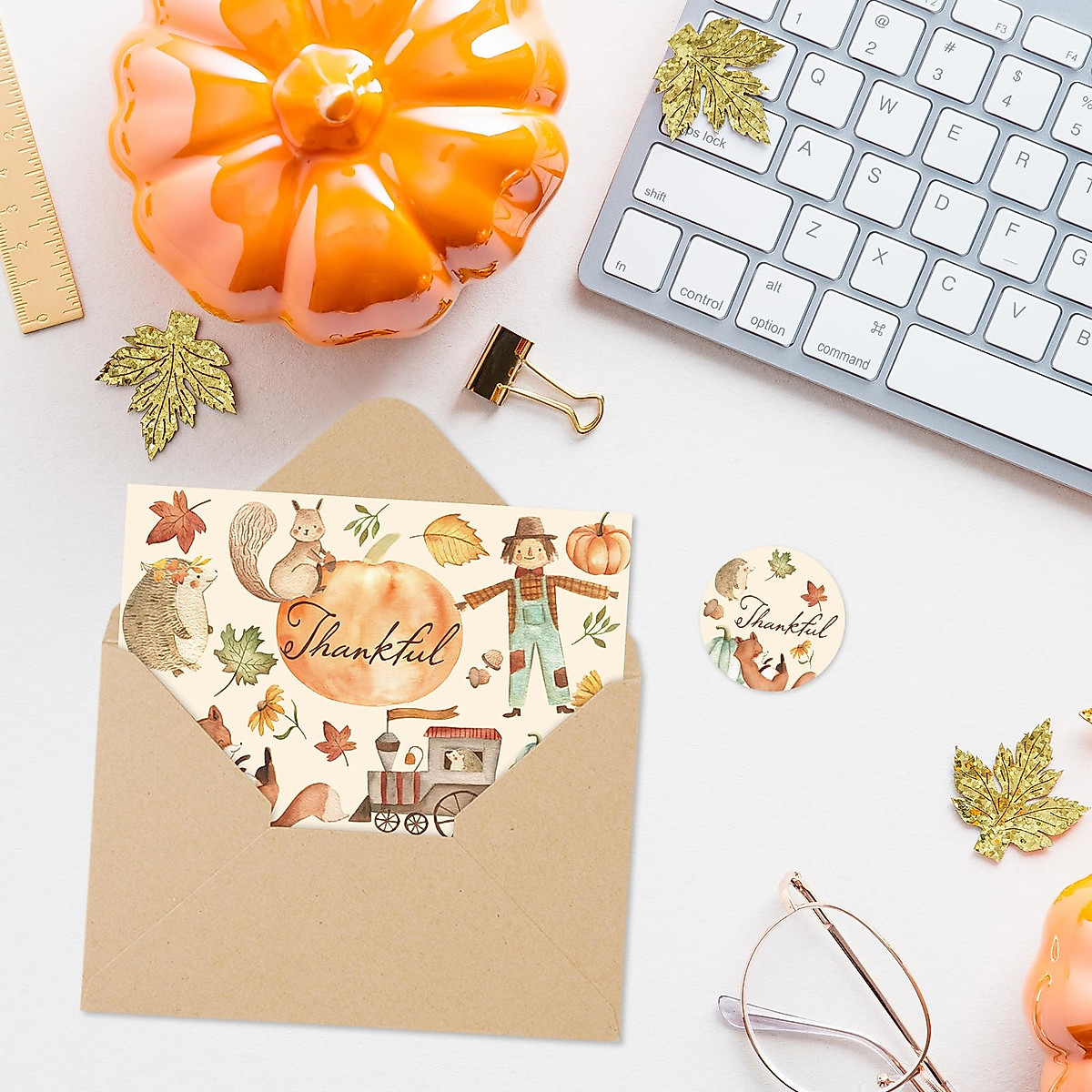 Whaline 24 Packs Fall Thankful Cards Watercolor Little Pumpkin Greeting Cards Autumn Animal Blank Note Cards with Envelopes and Stickers for Thanksgiving Baby Shower Birthday Party, 4 x 6 Inch