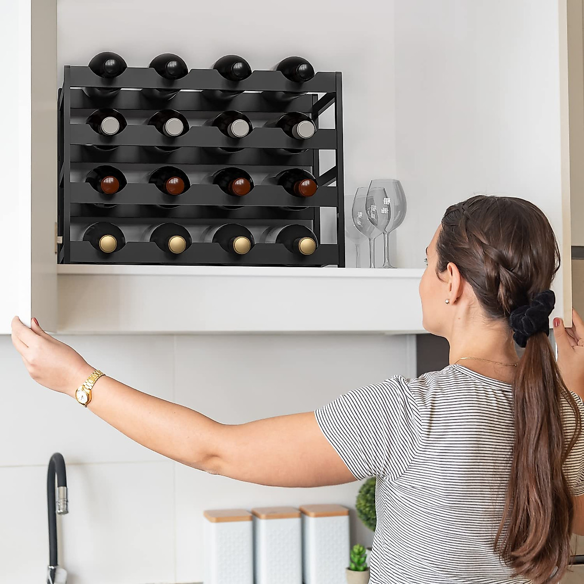 Ruichang Wine Rack Sturdy Wine Countertop，Bamboo Wine Bottle Holder Wine Storage Racks Counter Wine Stand Inserts for Cabinet Free Standing Floor Table Wine Organizer (4-Tier, 16 Bottle Capacity)