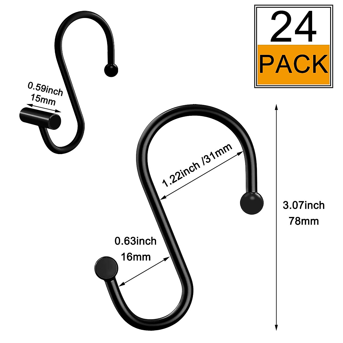 Shower Curtain Hooks Rings,Set of 24 Rustproof Metal Shower Hooks for Shower Curtain,S Shaped Black Shower Curtain Rings for Bathroom,T-Bar Decorative Shower Hooks Hangers for Shower Curtain Rod