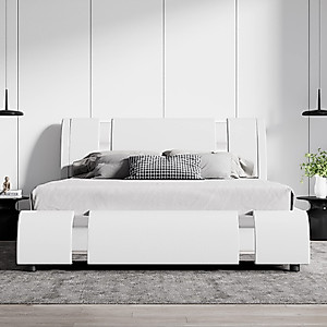 SHA CERLIN Queen Platform Bed Frame with Iron Pieces Decor and Adjustable Headboard/Deluxe Upholstered Modern Bed with Solid Wooden Slats Support/No Box Spring Needed, White