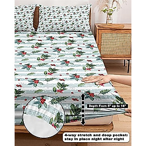 Full Size Fitted Sheet Bed Set Merry Christmas Holly Branch with Berry Deep Pocket Soft Bottom Sheets&Pillowcases for Bedroom Decor White and Blue Stripe,Fits Mattress Up to 16" Deep