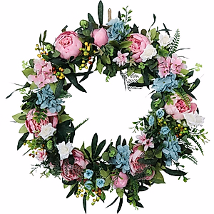 Ansuma Peony Flower Wreath, 24 Inches Door Wreath Floral Green Wreath for Front Door Decorations Wall Decor