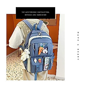 JHTPSLR Kawaii Backpack Set of 5 with Pins and Accessories Bunny and Carrot Plushies Cute Aesthetic Display Window Backpack Set (Blue)