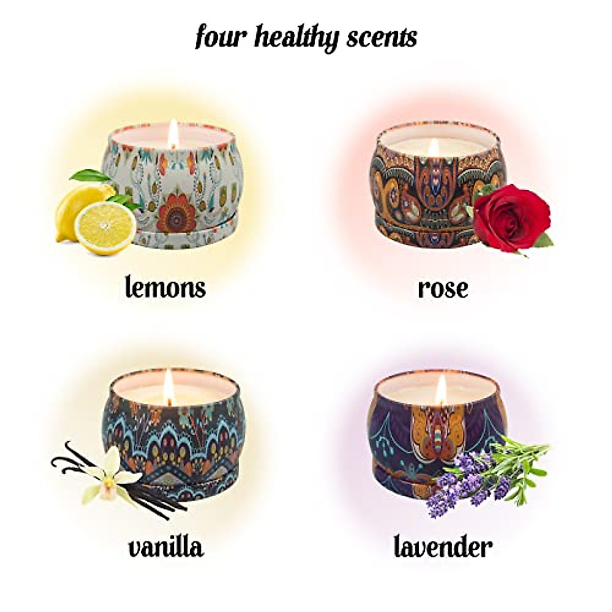 TEECOO Scented Candles Gift Set: 4 Pack Soy Wax Aromatherapy Candle 120H Burning Rose Lavender Vanilla Lemon Scent Candle Set for Home Scented Candle Gifts for Birthday Christmas Mother's Day Gift