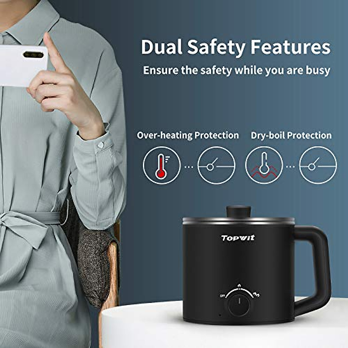 Topwit Electric Hot Pot, Mini Ramen Cooker, 1.6L Noodles Pot, Multifunctional Electric Cooker for Pasta, Shabu-Shabu, Oatmeal, Soup and Egg with Over-Heating Protection, Boil Dry Protection, Black