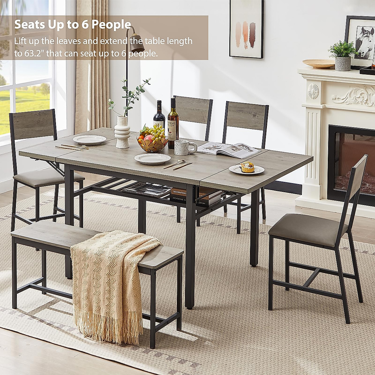 Suheww Folding Dining Table, Drop Leaf Tables with Metal Storage Racks, 63.2” Industrial Extendable Compact Kitchen Table for Apartment, Small Spaces, Seats 2-6 People, Grey