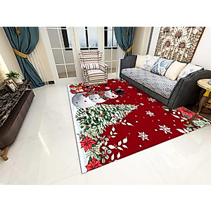 HONGXIU Christmas Red Area Rug, 5x8ft, Christmas Tree Rug, Christmas Snowman and Snowflake Winter Rug, Suitable for Dining Room Bedroom Kitchen Corridor Non-Slip Easy to Clean
