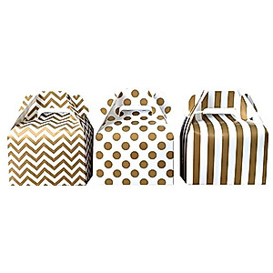 Outside the Box Papers Chevron, Stripe and Polka Dot Paper Gable Favor Boxes 36 Pack Gold, White