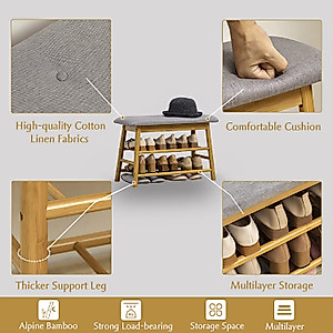 IOTXY Shoe Rack Storage Bench - Bamboo Shoe Shelf with Cushioned Seat and Organizer Compartment, Upholstered Bench for Entryway, Hallway, Bedroom, 27.6"