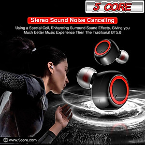 5 CORE Wireless Ear Buds • Mini Bluetooth 5.0 Noise Cancelling Earbud Headphones w Stereo Sound IPX8 Waterproof for Sports Workout EP01