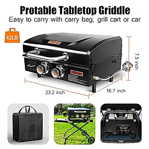 QuliMetal Portable Griddle Flat Top Grill 22 Inch Table Top Grill with Hood 2 Burner Gas Grill Propane Grill with Carry Bag Outdoor Griddle Camping Griddle 24,000 BTU 348 Sq 304 Stainless Steel