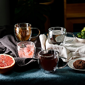 JNSMFC Double Walled Glass Coffee Mugs with Handle,4-Pack 8oz Insulated Glass Coffee Mugs Set,Clear Glass Coffee Cups for Espresso, Latte, Cappuccino,Wine,Tea Bag, Hot Beverage(Extra Spoons)