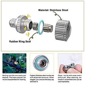 Fogland 32FT Misting Cooling System 10PCS Stainless Steel Misting Nozzles with 20PCS Tap Water Pressure Misting Nozzles Outdoor Cooling System for Garden Terrace Trampoline